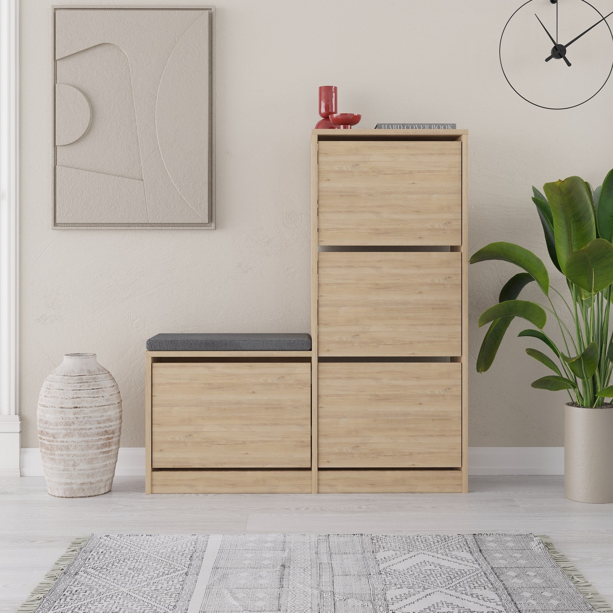Mobile scarpiera 4 ante in legno quercia e seduta in tessuto – Colly Shop